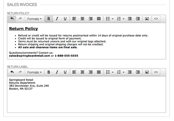 Enter the return policy text for the sales invoices in the “Sales ...